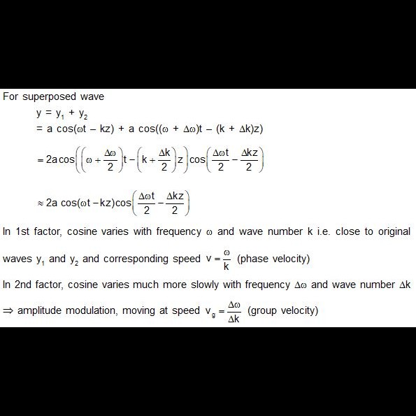 Consider two waves y1 = a cos(wt ? kz) and y2 = a cos[(w + Dw)t ? (k ...