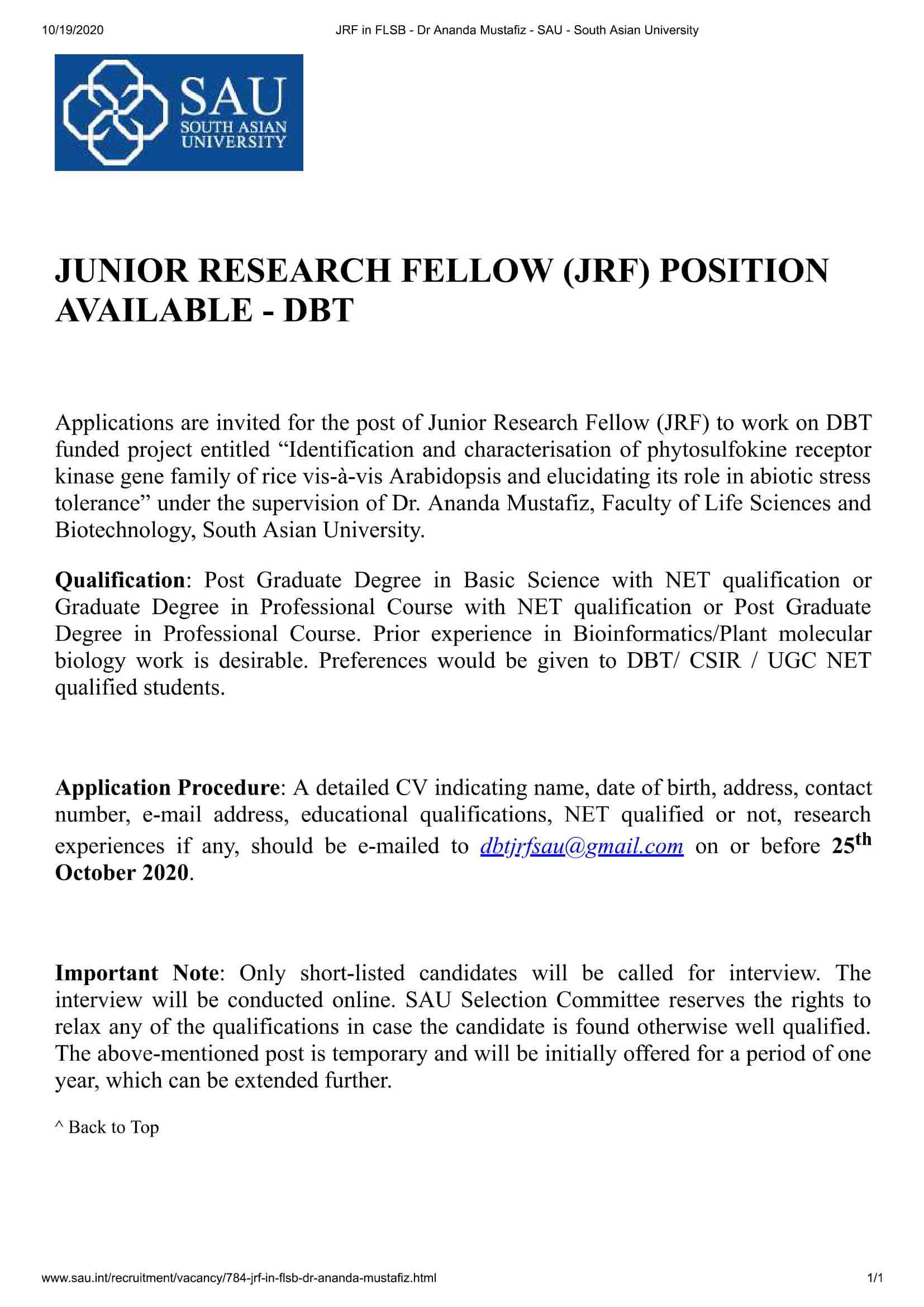 JRF Position Opening in South Asian University