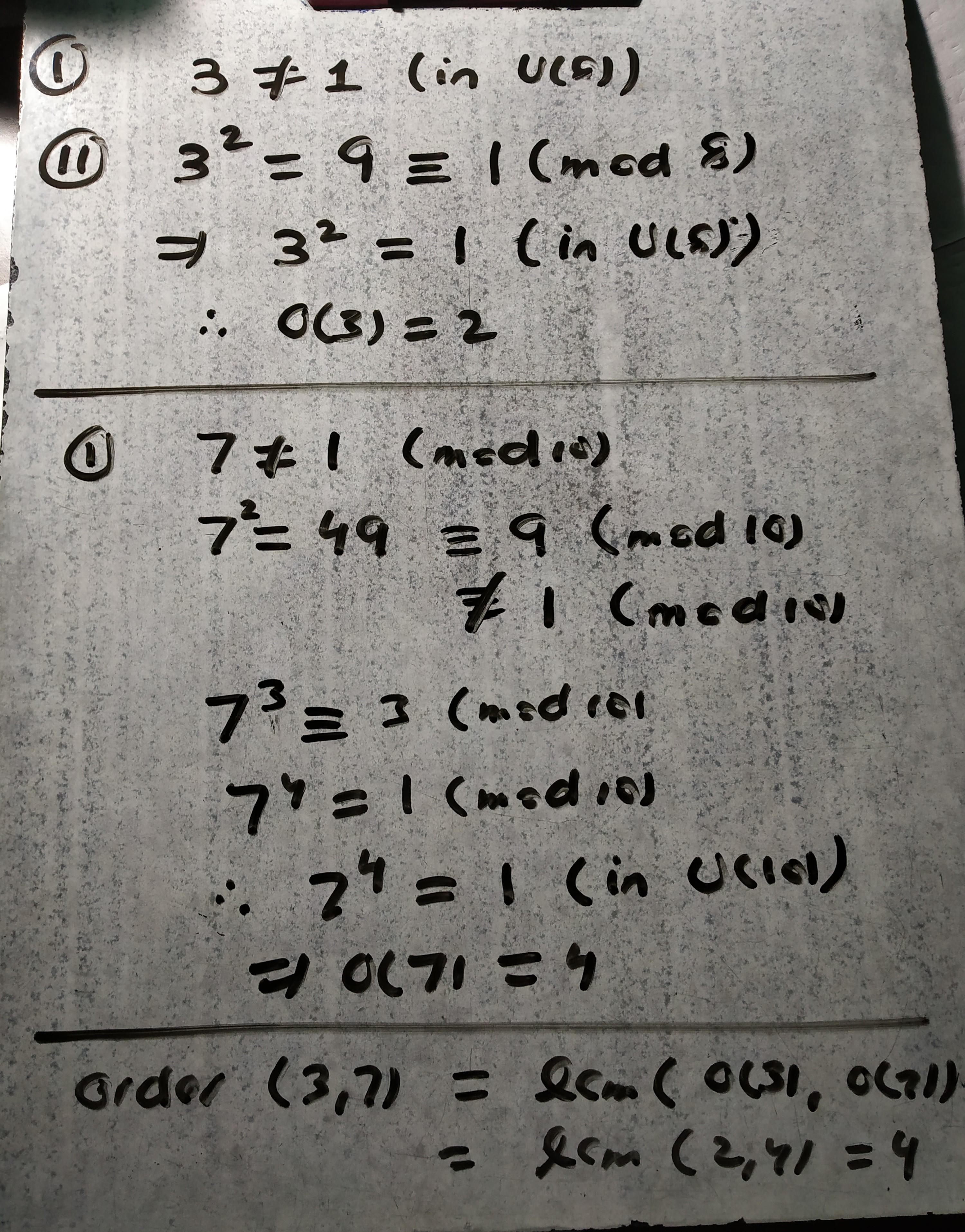 The order of element (3,7) of 1 point external direct product u(8)du(10 ...