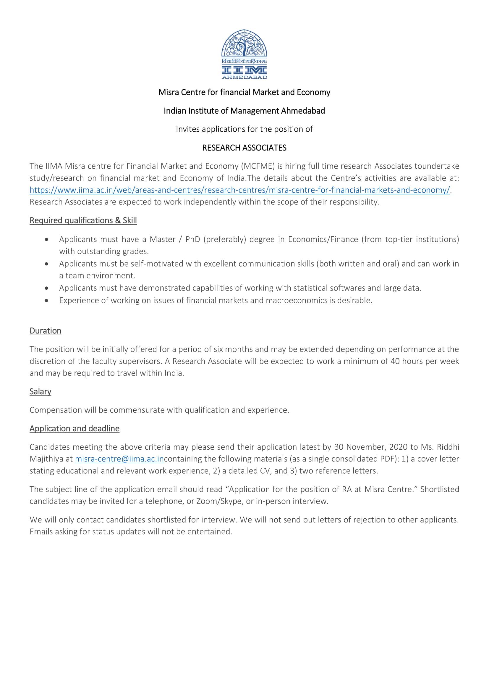 Research Associate At Iim Ahmedabad Apply By Nov 30
