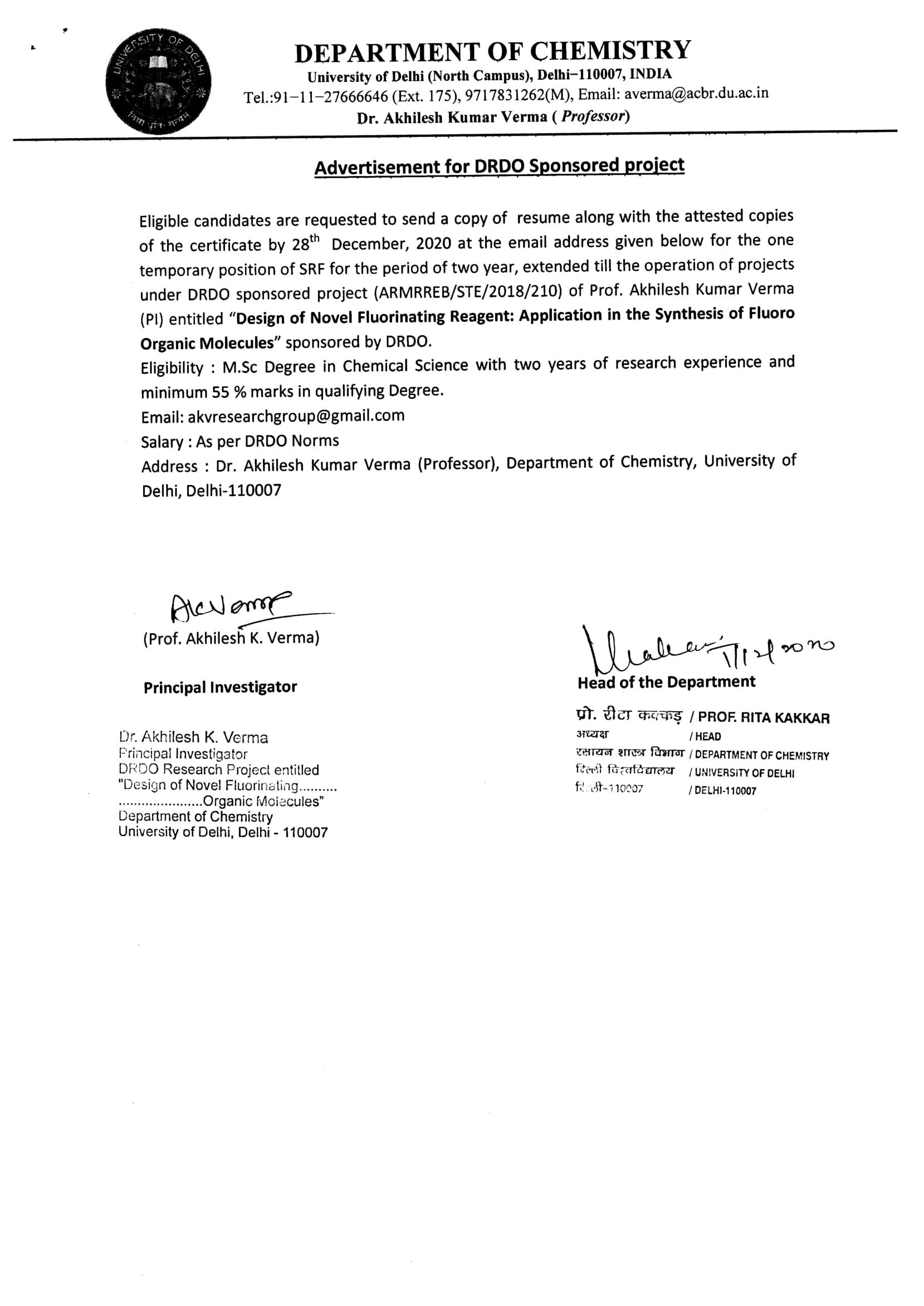 University of Delhi Invites Applications for the Post of SRF in DRDO ...