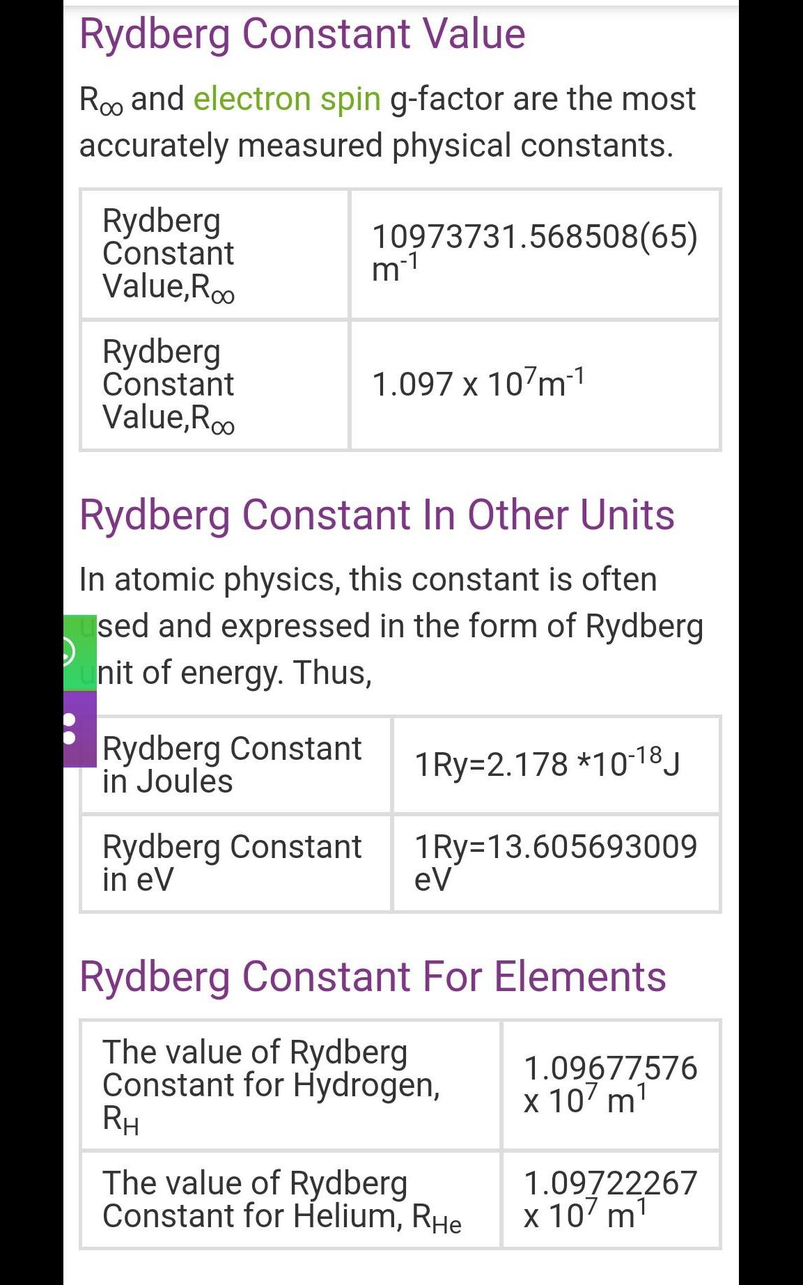 Please give the different values of rydberg constants in different units.