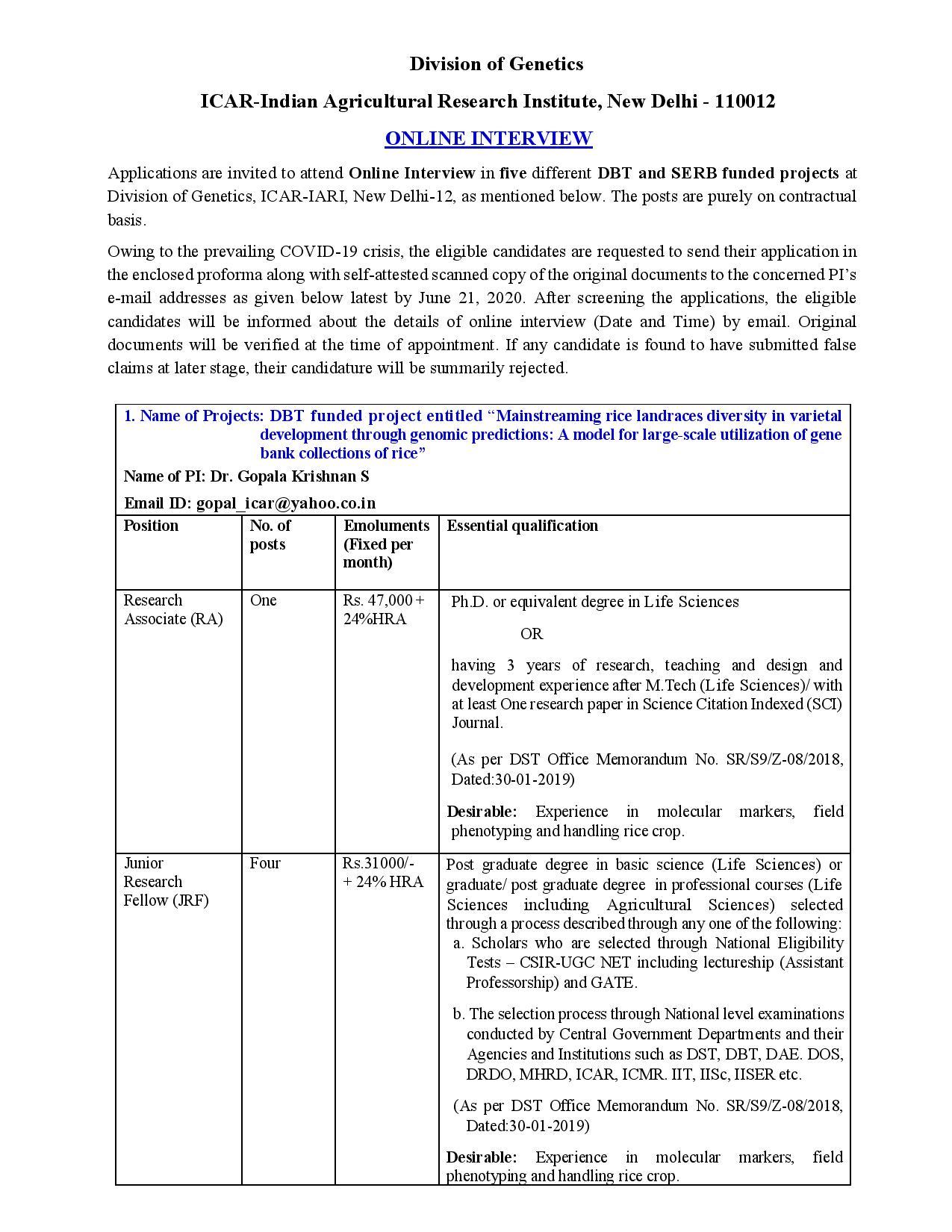 Applications are Invited for Multiple Positions by ICAR-IARI