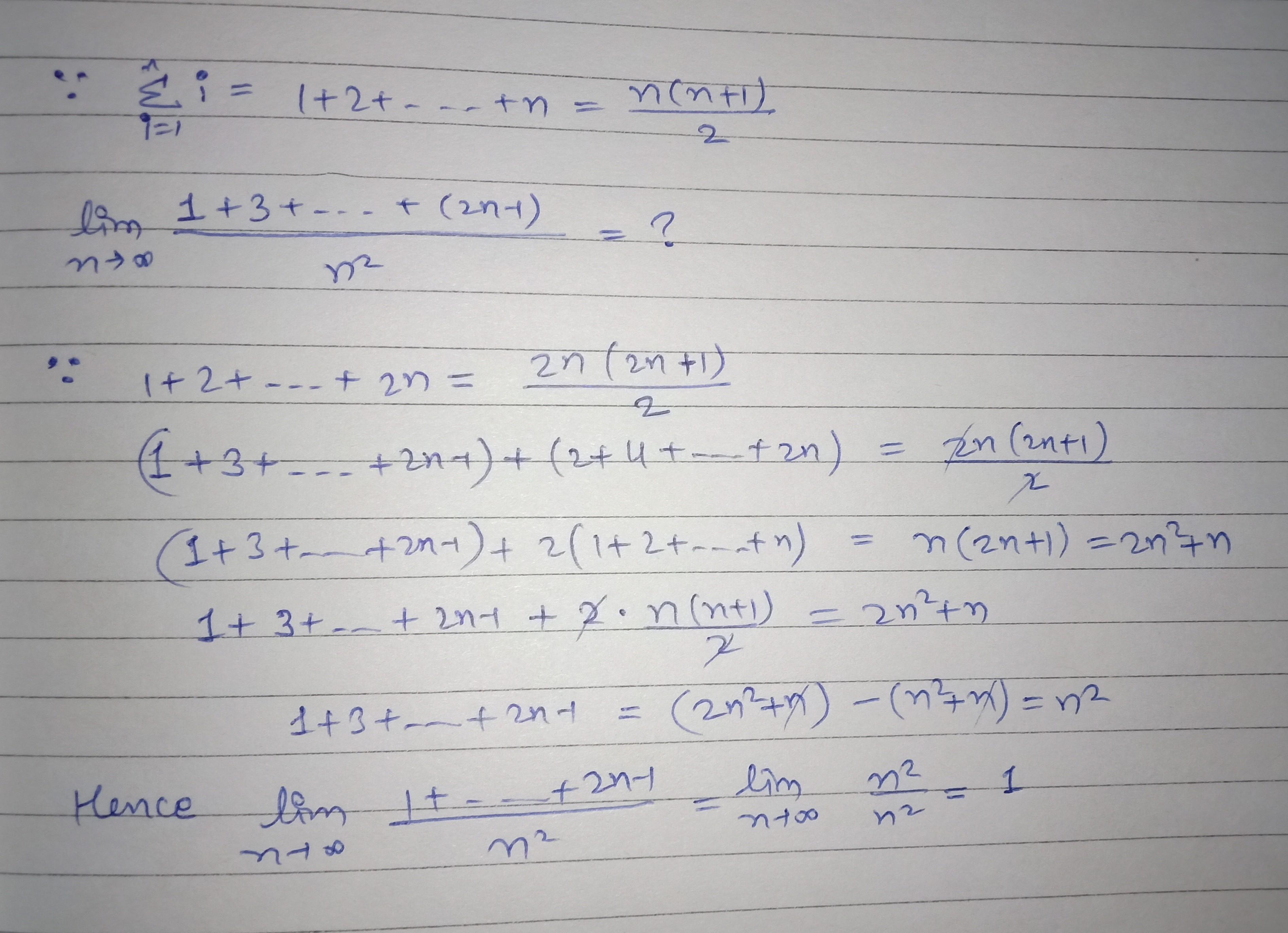 Find lim 1+3+5+..(2n-1) /n^2