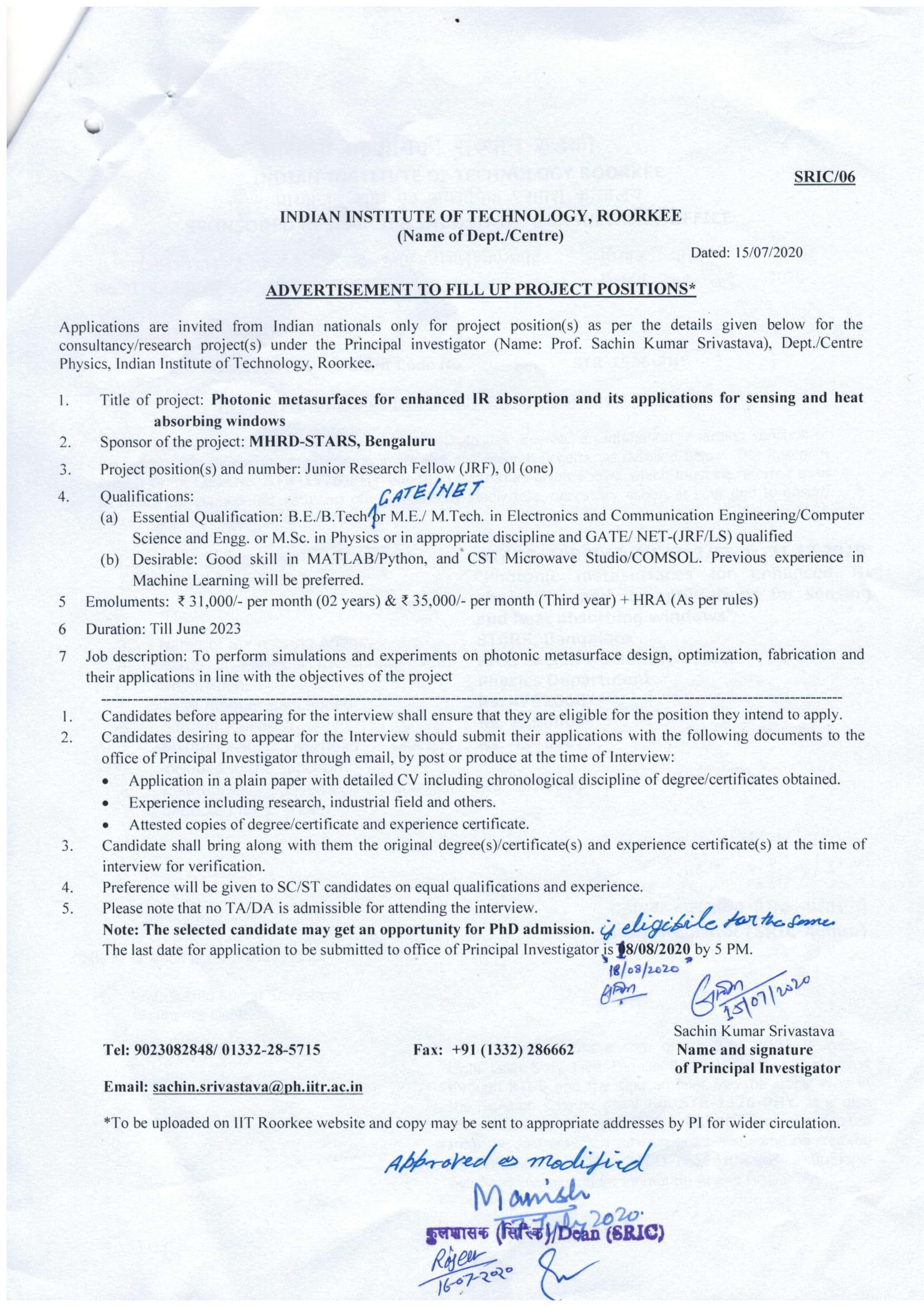 IIT-Roorkee Offers Opportunity to Apply for the Post of JRF