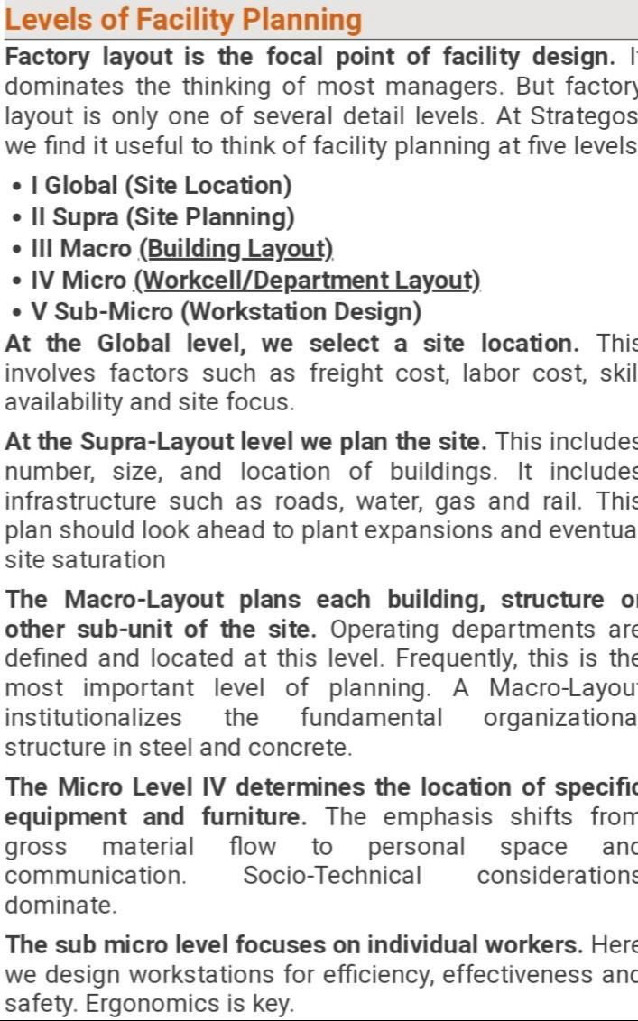 Levels of facility planning and types of activities in each level