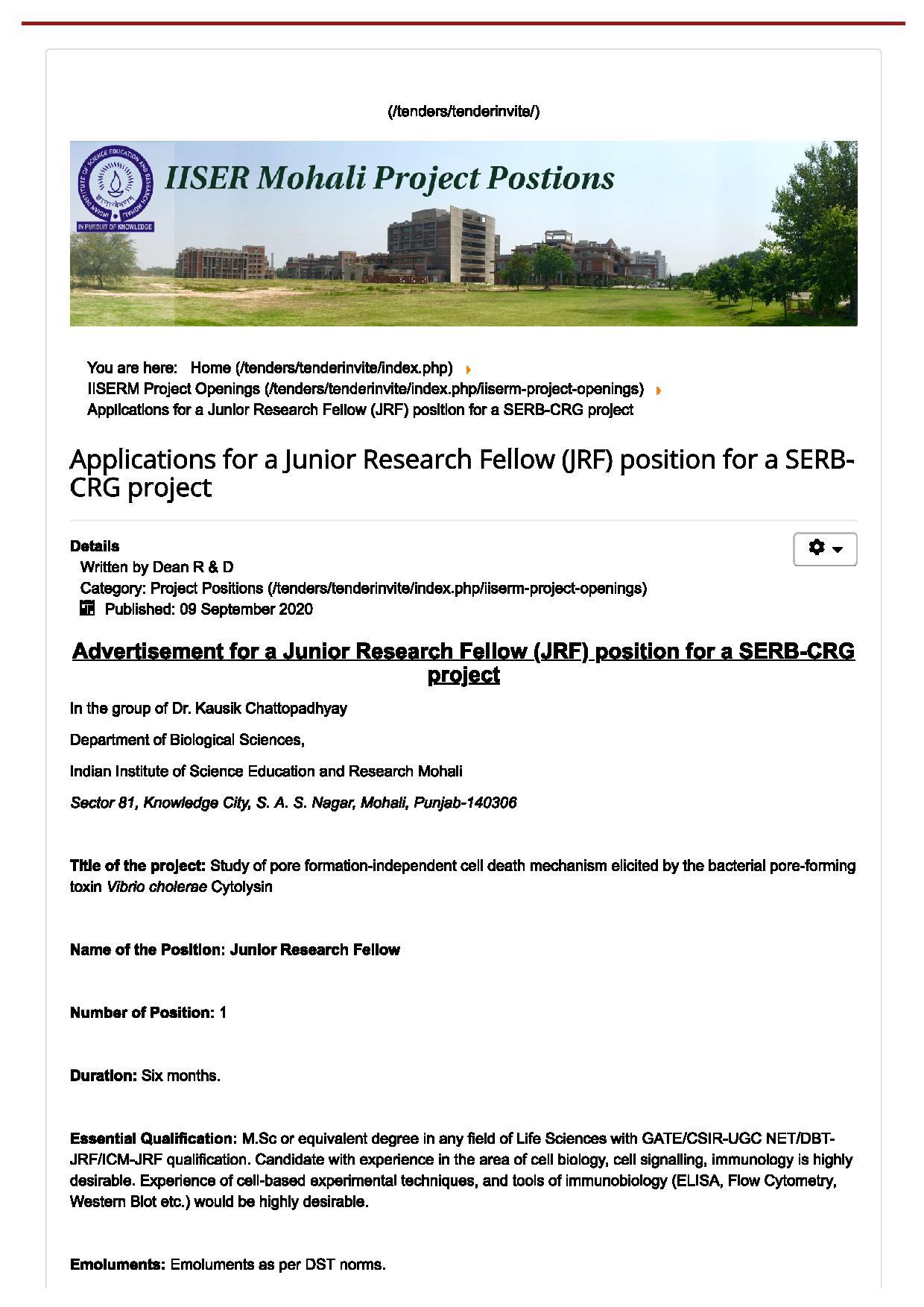 IISER Mohali Project Opening 2020 - for the Post of Junior Research Fellow