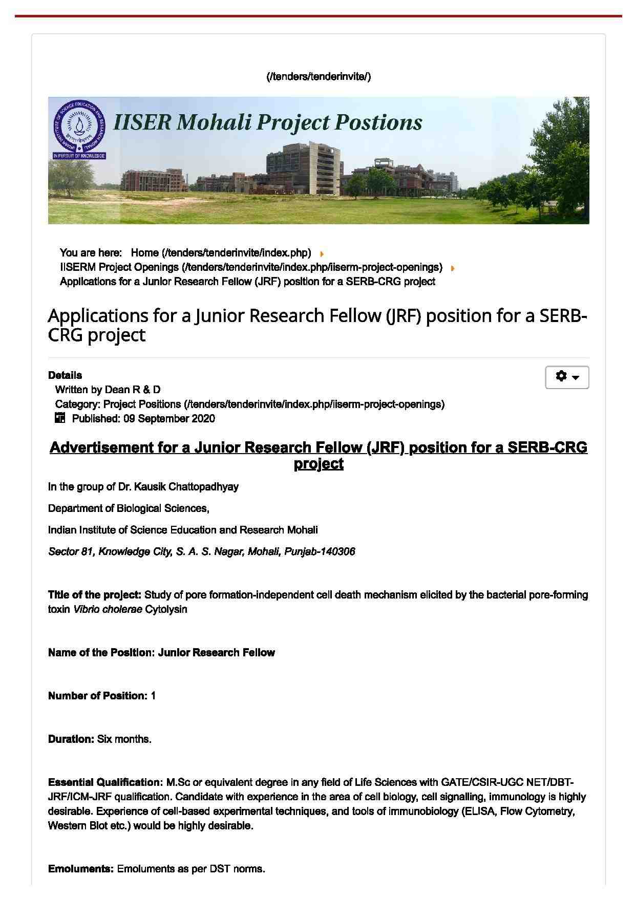 IISER Mohali Project Opening 2020 - for the Post of Junior Research Fellow