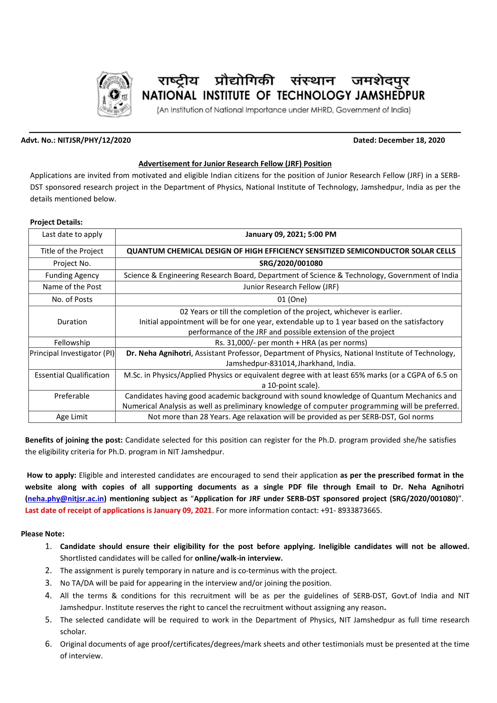 Job Opening Announced for the Post of JRF by NIT Jamshedpur