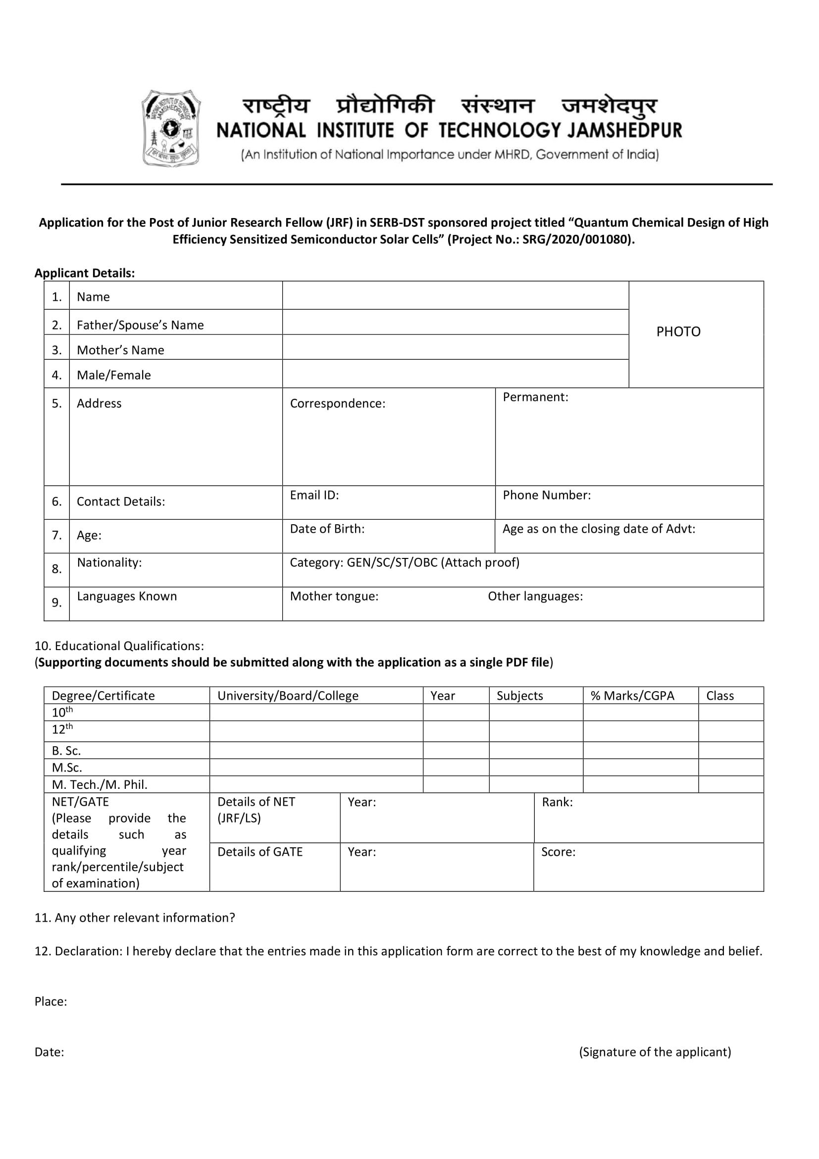 Job Opening Announced for the Post of JRF by NIT Jamshedpur