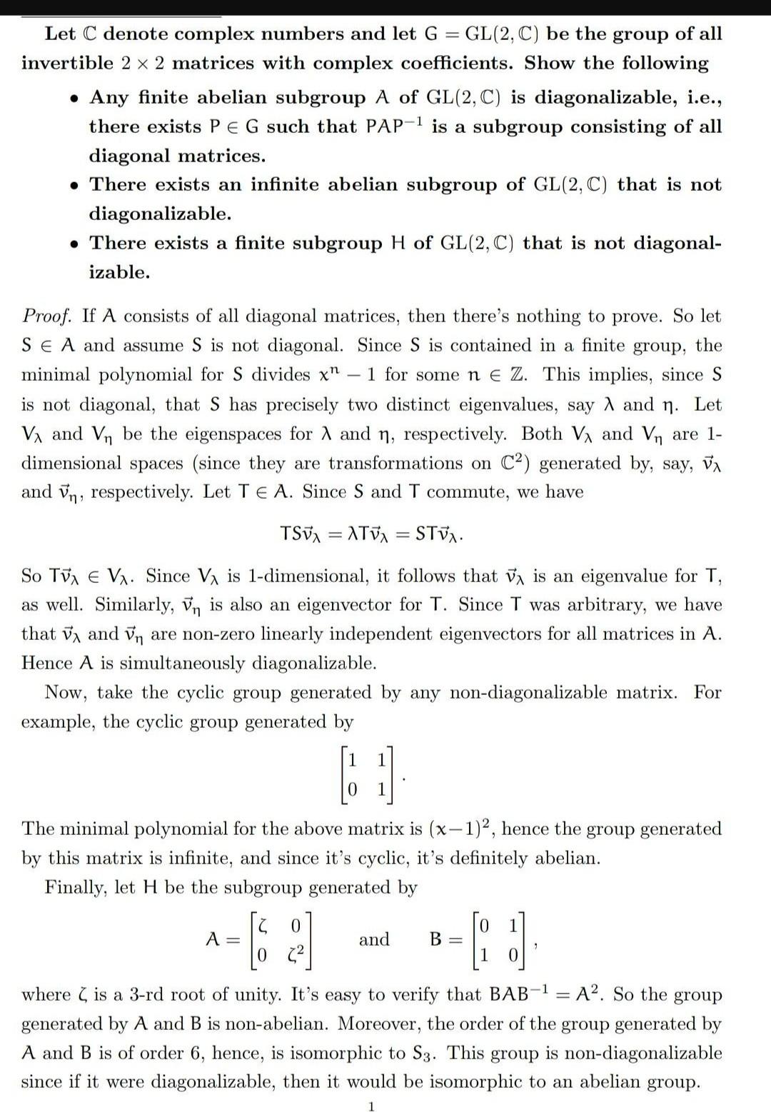 10. let c denote the complex numbers and let g = gl(2, c) be the group ...