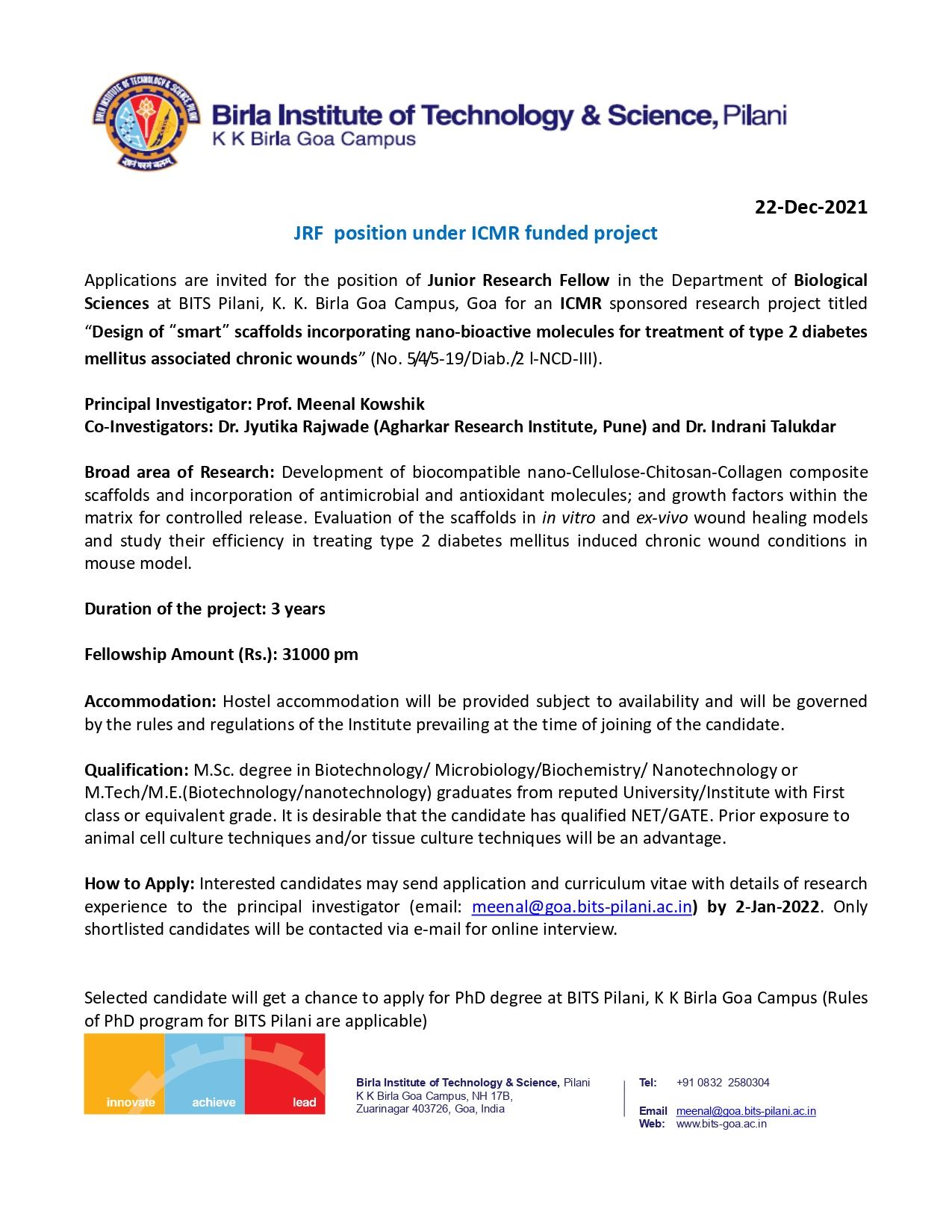 Vacancy Announced by BITS Pilani for K. K. Birla Goa Campus, Goa for JRF