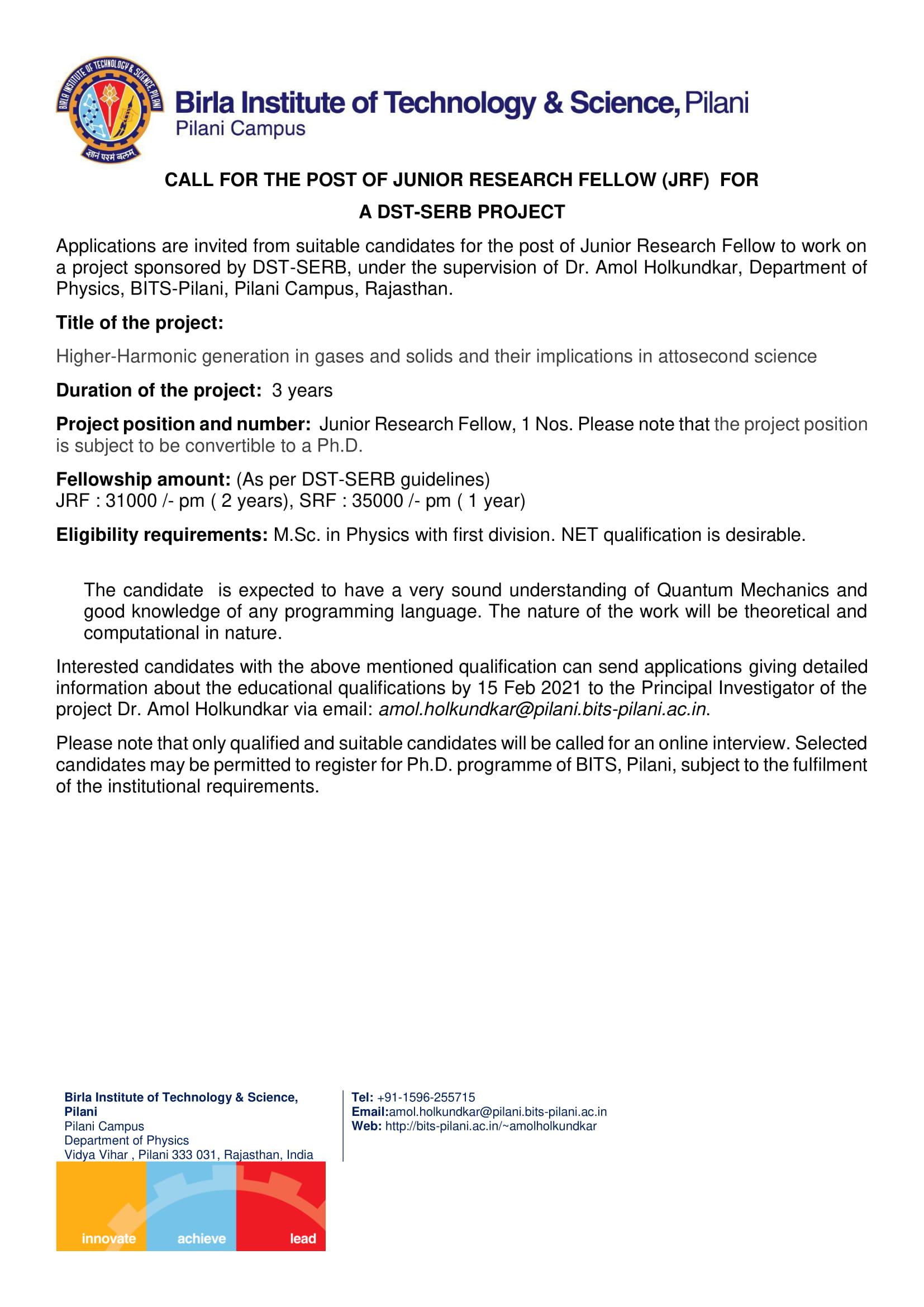 For the post of JRF at the BITS-Pilani (Pilani Campus) under DST-SERB ...