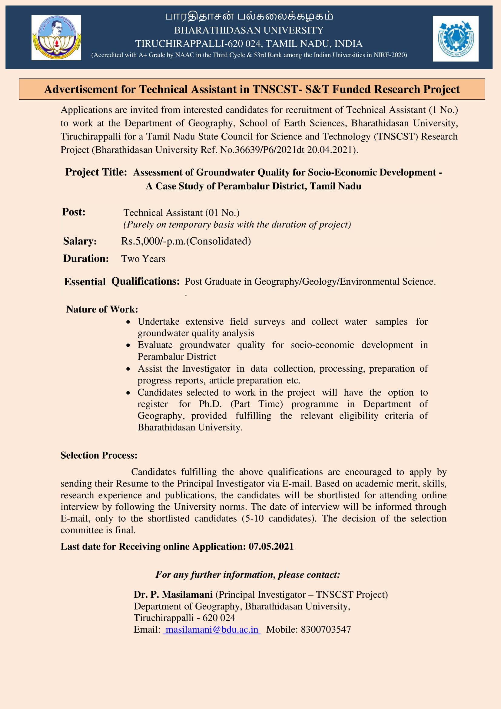 Apply Now! For the Post of Technical Assistant in Bharathidasan University