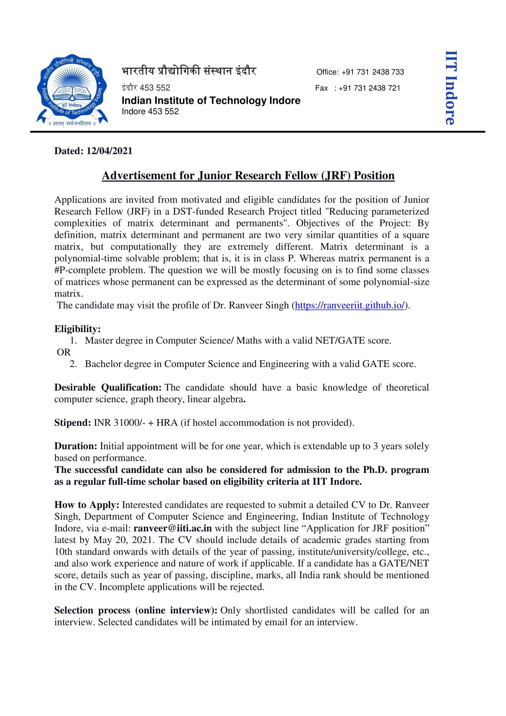 IIT-Indore Recruitment 2021 - Junior Research Fellow