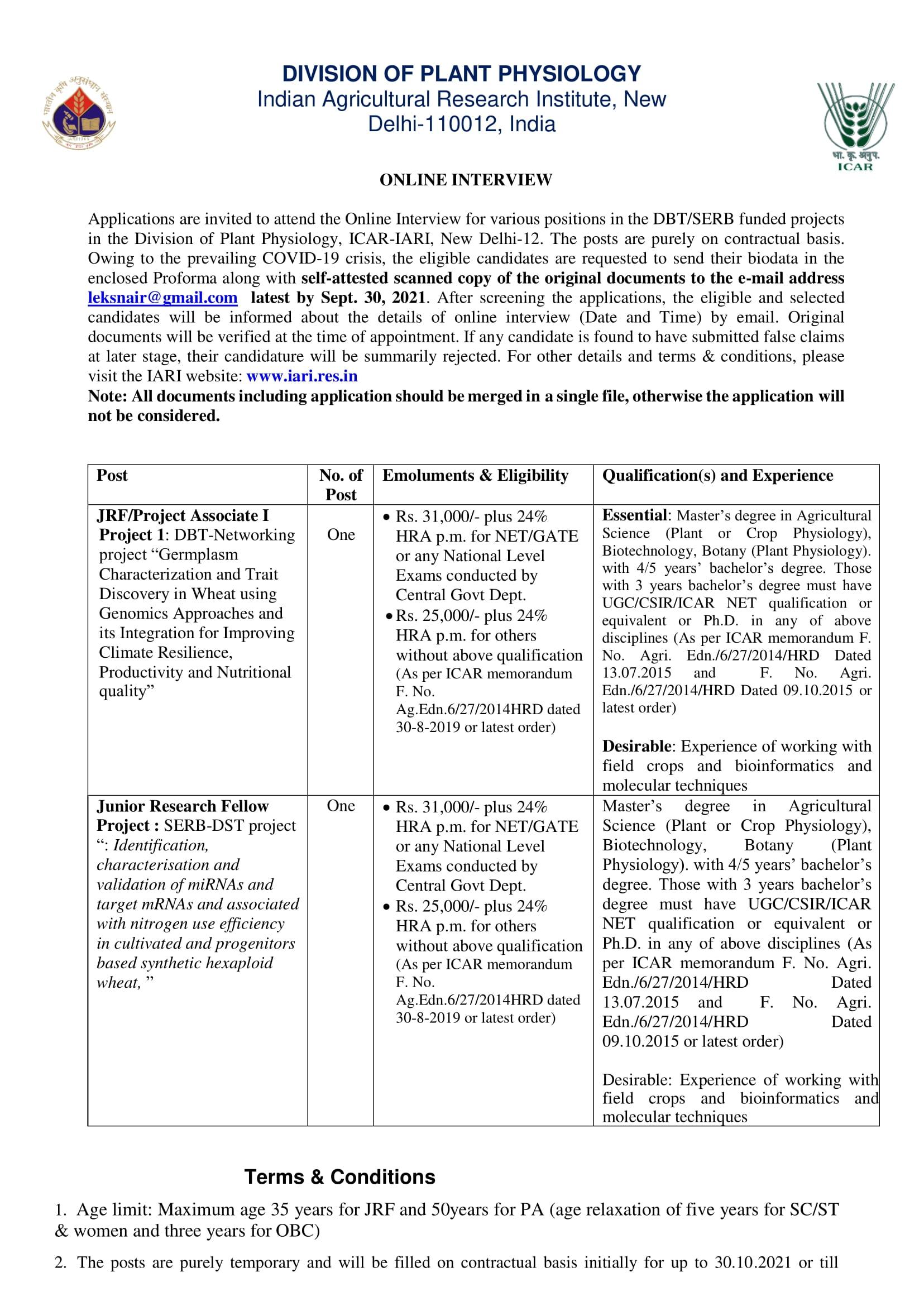 ICAR-IARI Recruitment 2021 : For the Post of Junior Research Fellow (JRF)/Project Associate I