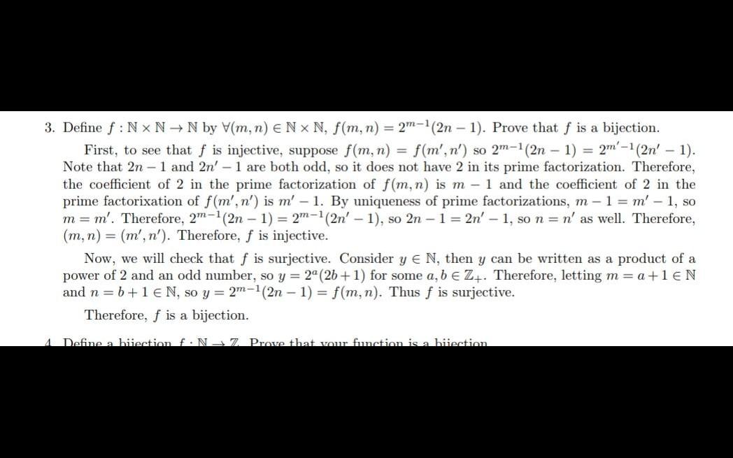 19. prove that f:nxn-n defined as f(m,n) = 2*(2n-1) is bijective.
